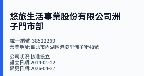 悠旅生活事業股份有限公司洲子門市部的照片-統編 38522269(臺北市) 公司登記資料與營業項目詳細圖表