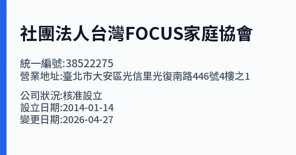 社團法人台灣FOCUS家庭協會的照片-統編 38522275(臺北市) 公司登記資料與營業項目詳細圖表
