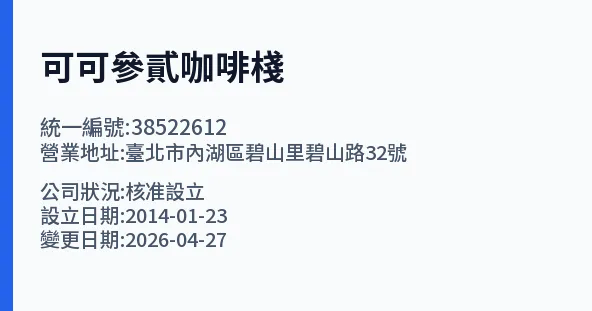 可可參貳咖啡棧的照片-統編 38522612(臺北市) 公司登記資料與營業項目詳細圖表