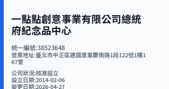一點點創意事業有限公司總統府紀念品中心的照片-統編 38523648(臺北市) 公司登記資料與營業項目詳細圖表