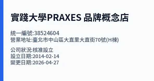 實踐大學PRAXES 品牌概念店的照片-統編 38524604(臺北市) 公司登記資料與營業項目詳細圖表