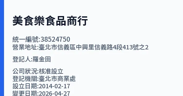 美食樂食品商行的照片-統編 38524750(臺北市) 公司登記資料與營業項目詳細圖表
