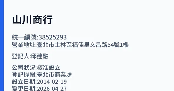 山川商行的照片-統編 38525293(臺北市) 公司登記資料與營業項目詳細圖表