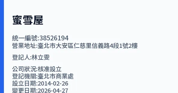 蜜雪屋的照片-統編 38526194(臺北市) 公司登記資料與營業項目詳細圖表