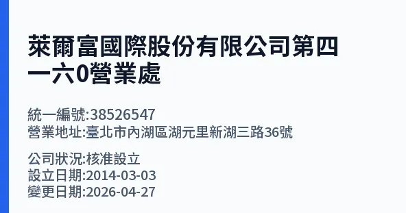萊爾富國際股份有限公司第四一六0營業處的照片-統編 38526547(臺北市) 公司登記資料與營業項目詳細圖表