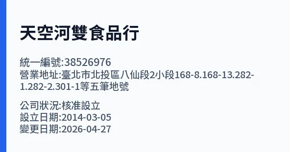 天空河雙食品行的照片-統編 38526976(臺北市) 公司登記資料與營業項目詳細圖表