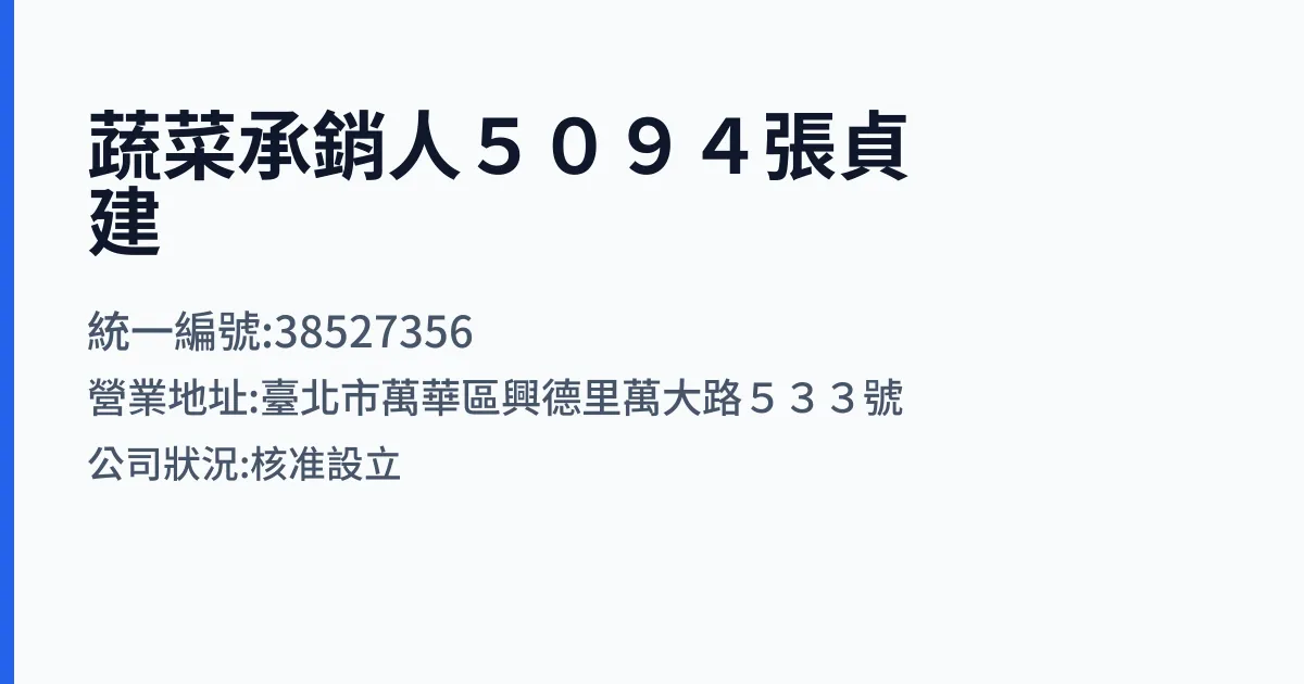 蔬菜承銷人５０９４張貞建 - 統編 38527356(臺北市) 公司登記資料與營業項目詳細圖表