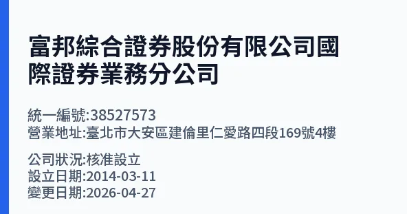 富邦綜合證券股份有限公司國際證券業務分公司的照片-統編 38527573(臺北市) 公司登記資料與營業項目詳細圖表