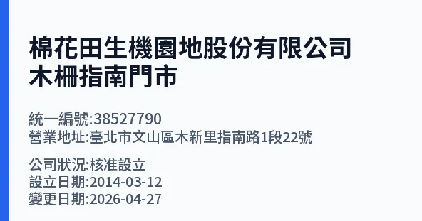 棉花田生機園地股份有限公司木柵指南門市的照片-統編 38527790(臺北市) 公司登記資料與營業項目詳細圖表