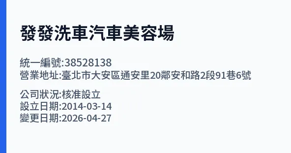 發發洗車汽車美容場的照片-統編 38528138(臺北市) 公司登記資料與營業項目詳細圖表