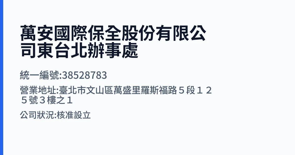 萬安國際保全股份有限公司東台北辦事處 - 統編 38528783（臺北市） 公司登記資料與營業項目詳細圖表
