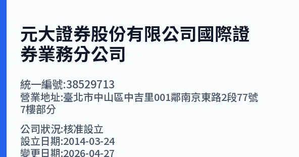 元大證券股份有限公司國際證券業務分公司的照片-統編 38529713(臺北市) 公司登記資料與營業項目詳細圖表