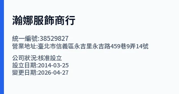 瀚娜服飾商行的照片-統編 38529827(臺北市) 公司登記資料與營業項目詳細圖表