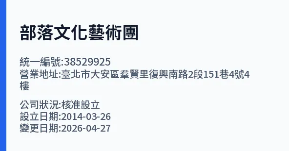 部落文化藝術團的照片-統編 38529925(臺北市) 公司登記資料與營業項目詳細圖表