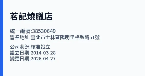 茗記燒臘店的照片-統編 38530649(臺北市) 公司登記資料與營業項目詳細圖表