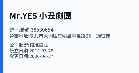 Mr.YES 小丑劇團的照片-統編 38530654(臺北市) 公司登記資料與營業項目詳細圖表