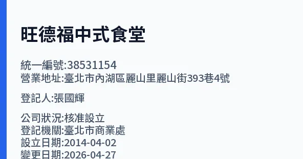旺德福中式食堂的照片-統編 38531154(臺北市) 公司登記資料與營業項目詳細圖表