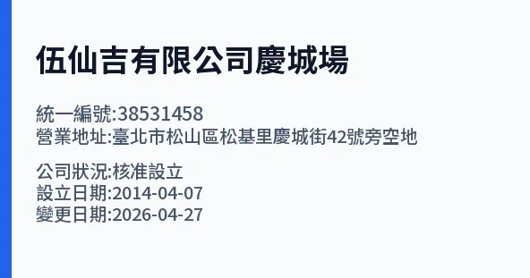 伍仙吉有限公司慶城場的照片-統編 38531458(臺北市) 公司登記資料與營業項目詳細圖表