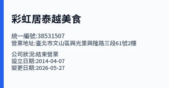彩虹居泰越美食的照片-統編 38531507(臺北市) 公司登記資料與營業項目詳細圖表