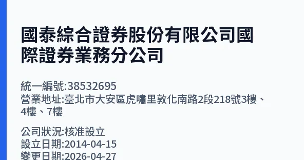國泰綜合證券股份有限公司國際證券業務分公司的照片-統編 38532695(臺北市) 公司登記資料與營業項目詳細圖表