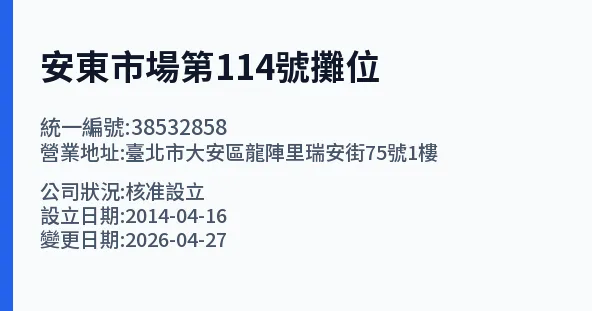 安東市場第114號攤位的照片-統編 38532858(臺北市) 公司登記資料與營業項目詳細圖表
