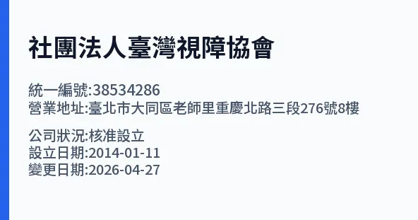 社團法人臺灣視障協會的照片-統編 38534286(臺北市) 公司登記資料與營業項目詳細圖表