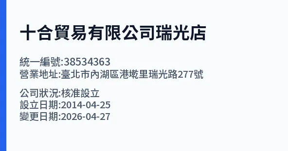 十合貿易有限公司瑞光店的照片-統編 38534363(臺北市) 公司登記資料與營業項目詳細圖表