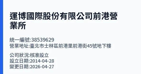 運博國際股份有限公司前港營業所的照片-統編 38539629(臺北市) 公司登記資料與營業項目詳細圖表