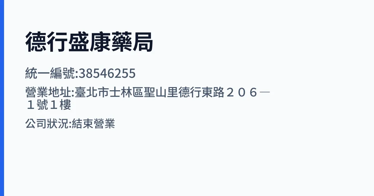 德行盛康藥局 - 統編 38546255(臺北市) 公司登記資料與營業項目詳細圖表