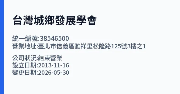 台灣城鄉發展學會的照片-統編 38546500(臺北市) 公司登記資料與營業項目詳細圖表