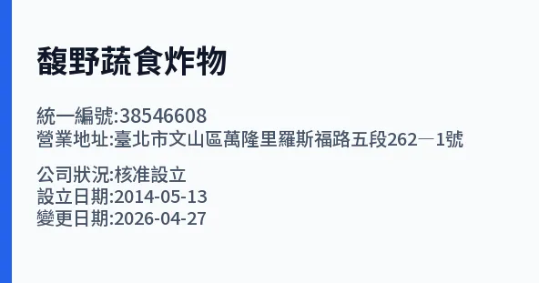 馥野蔬食炸物的照片-統編 38546608(臺北市) 公司登記資料與營業項目詳細圖表