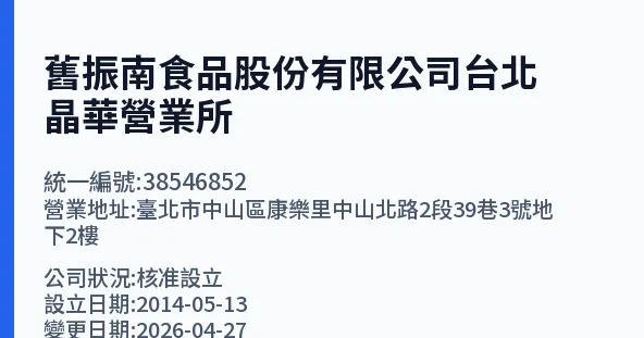 舊振南食品股份有限公司台北晶華營業所的照片-統編 38546852(臺北市) 公司登記資料與營業項目詳細圖表