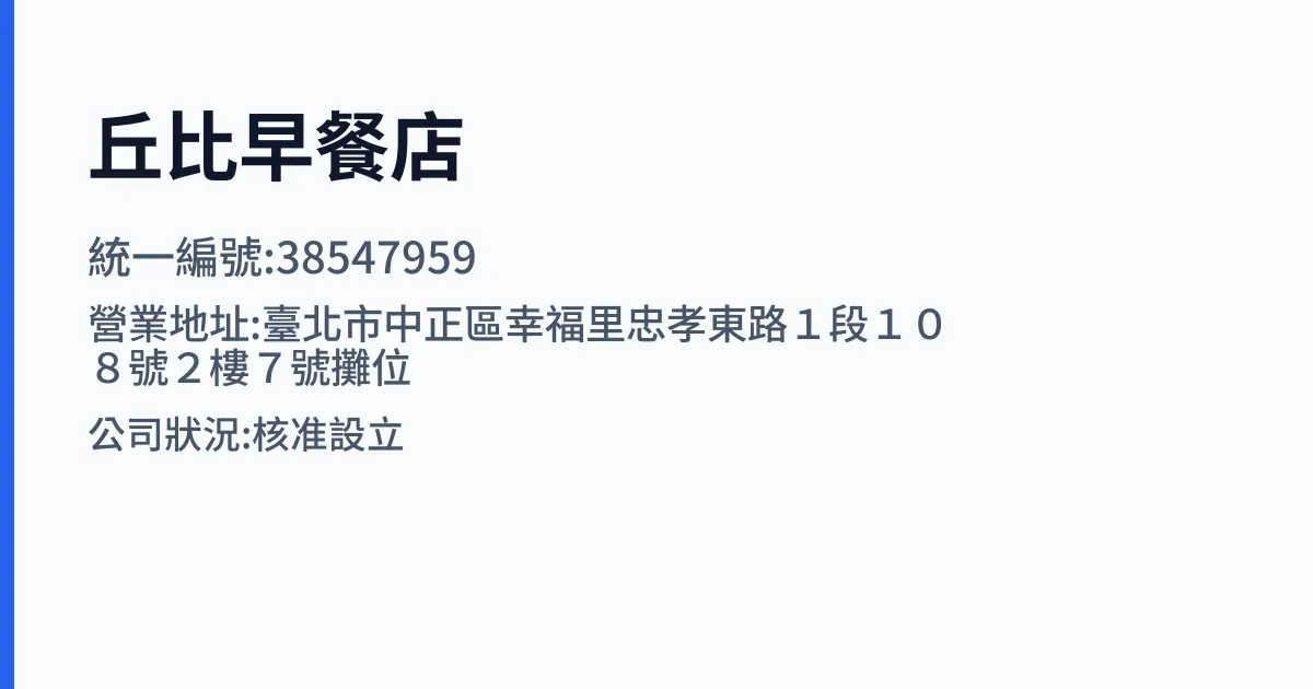 丘比早餐店 - 統編 38547959(臺北市) 公司登記資料與營業項目詳細圖表