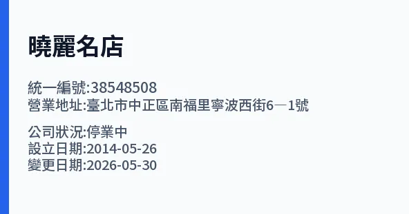 曉麗名店的照片-統編 38548508(臺北市) 公司登記資料與營業項目詳細圖表