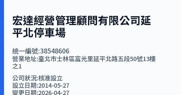 宏達經營管理顧問有限公司延平北停車場的照片-統編 38548606(臺北市) 公司登記資料與營業項目詳細圖表