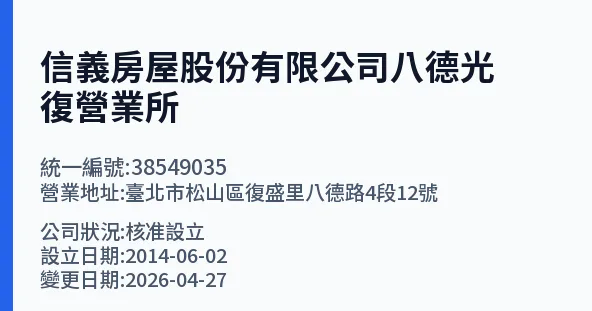 信義房屋股份有限公司八德光復營業所的照片-統編 38549035(臺北市) 公司登記資料與營業項目詳細圖表