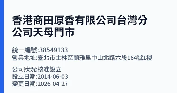 香港商田原香有限公司台灣分公司天母門市的照片-統編 38549133(臺北市) 公司登記資料與營業項目詳細圖表
