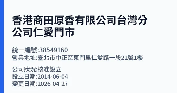 香港商田原香有限公司台灣分公司仁愛門市的照片-統編 38549160(臺北市) 公司登記資料與營業項目詳細圖表