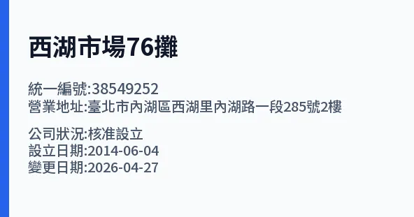 西湖市場76攤的照片-統編 38549252(臺北市) 公司登記資料與營業項目詳細圖表