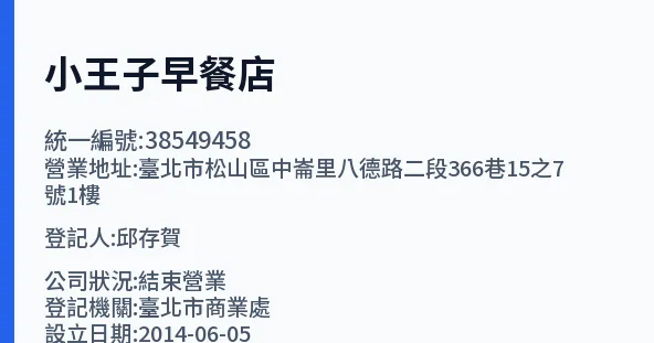 小王子早餐店的照片-統編 38549458(臺北市) 公司登記資料與營業項目詳細圖表