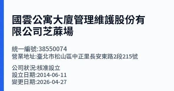 國雲公寓大廈管理維護股份有限公司芝蔴場的照片-統編 38550074(臺北市) 公司登記資料與營業項目詳細圖表