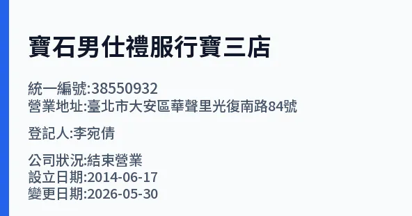 寶石男仕禮服行寶三店的照片-統編 38550932(臺北市) 公司登記資料與營業項目詳細圖表