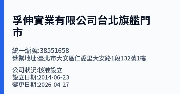 孚伸實業有限公司台北旗艦門市的照片-統編 38551658(臺北市) 公司登記資料與營業項目詳細圖表