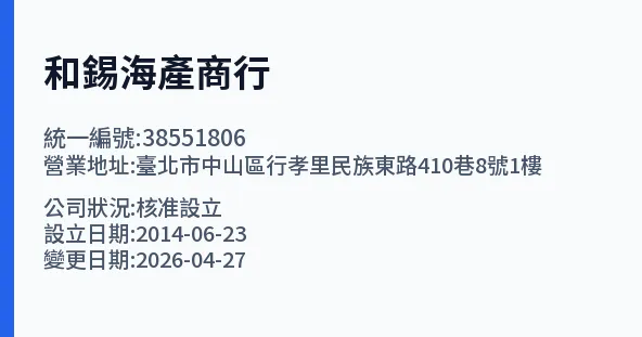 和錫海產商行的照片-統編 38551806(臺北市) 公司登記資料與營業項目詳細圖表