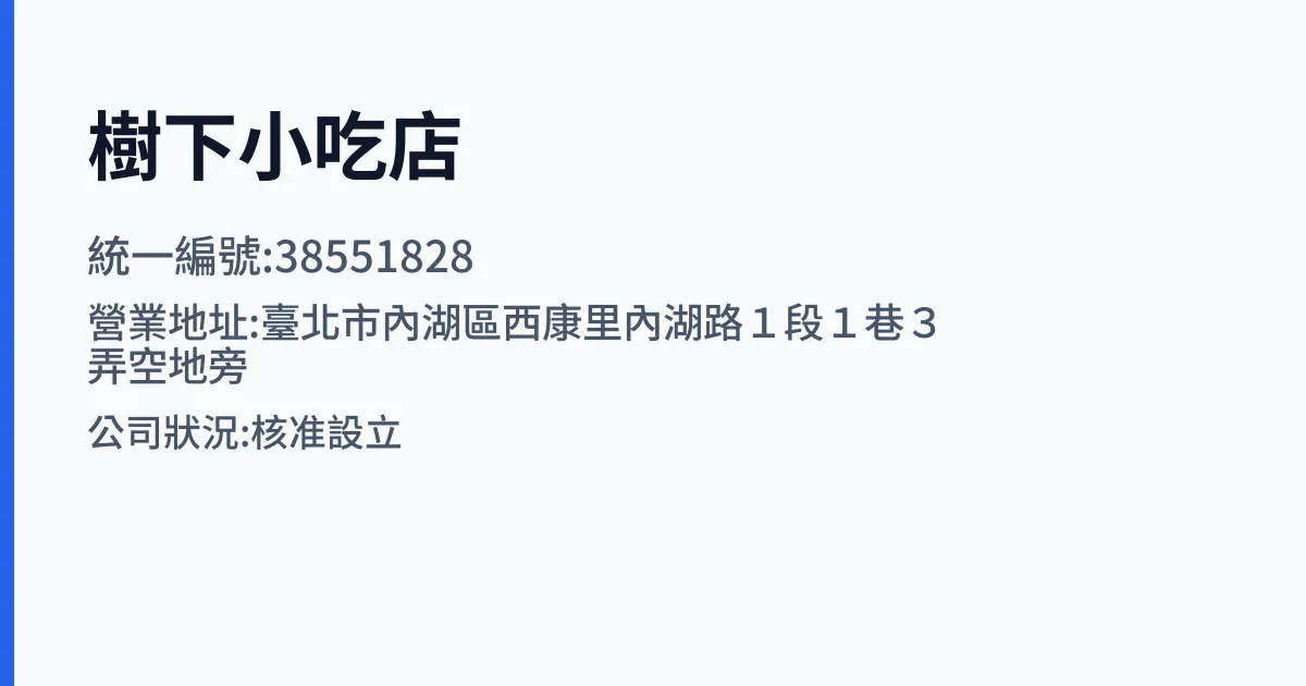 樹下小吃店 - 統編 38551828(臺北市) 公司登記資料與營業項目詳細圖表