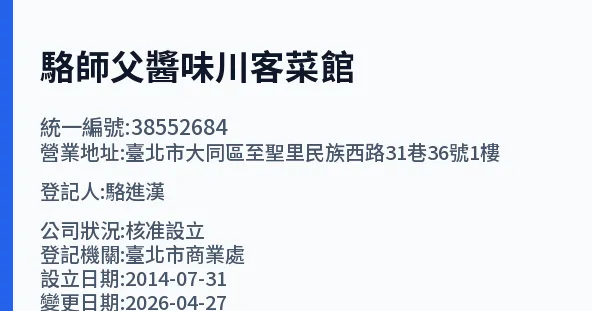 駱師父醬味川客菜館的照片-統編 38552684(臺北市) 公司登記資料與營業項目詳細圖表