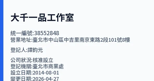 大千一品工作室的照片-統編 38552848(臺北市) 公司登記資料與營業項目詳細圖表