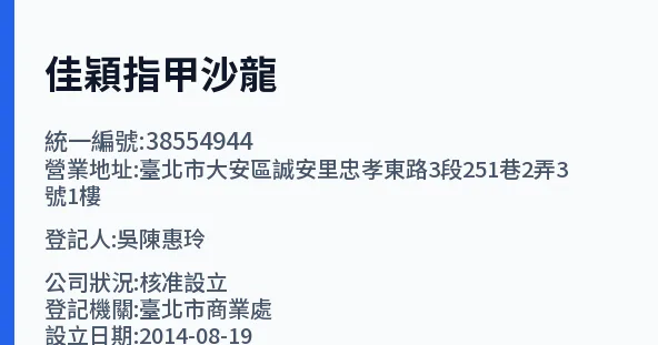 佳穎指甲沙龍的照片-統編 38554944(臺北市) 公司登記資料與營業項目詳細圖表