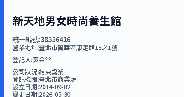 新天地男女時尚養生館的照片-統編 38556416(臺北市) 公司登記資料與營業項目詳細圖表