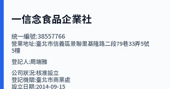 一信念食品企業社的照片-統編 38557766(臺北市) 公司登記資料與營業項目詳細圖表